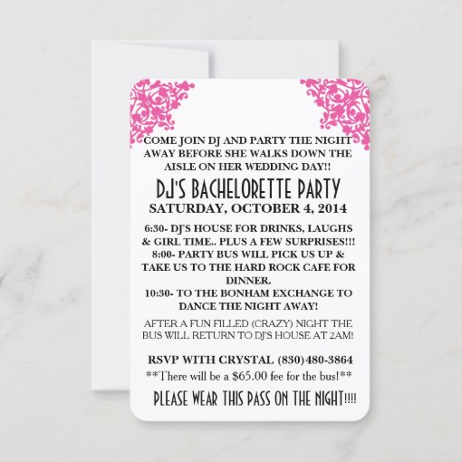 Pink Bachelorette Party VIP PASS Invitation | Zazzle