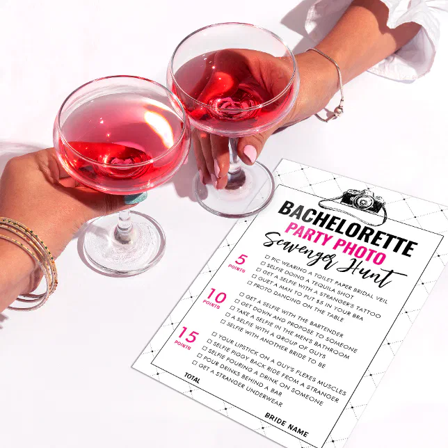 Pink Bachelorette Photo Scavenger Hunt Game Card | Zazzle