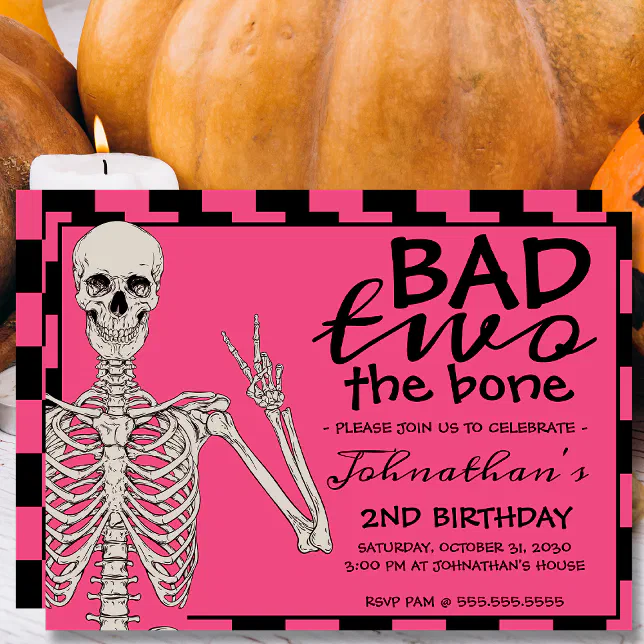 Pink Bad Two The Bone Halloween 2nd Birthday Party Invitation | Zazzle