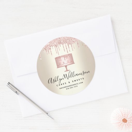 Pink Bakery Cake Glitter Drips Pastry Chef Gold Classic Round Sticker ...