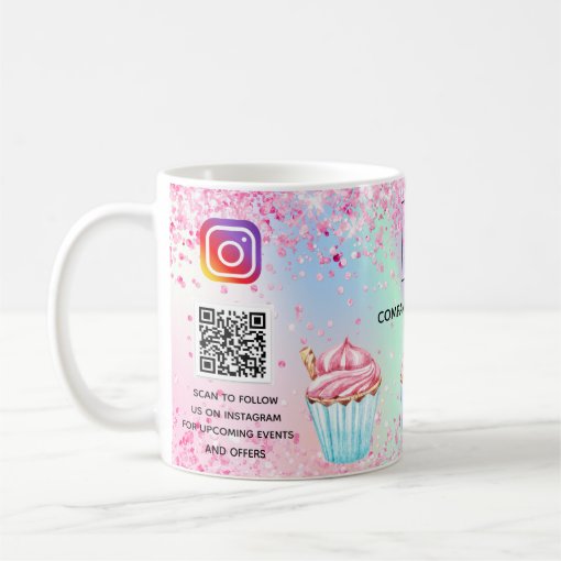 Pink bakery glitter cupcakes logo qr code coffee mug | Zazzle