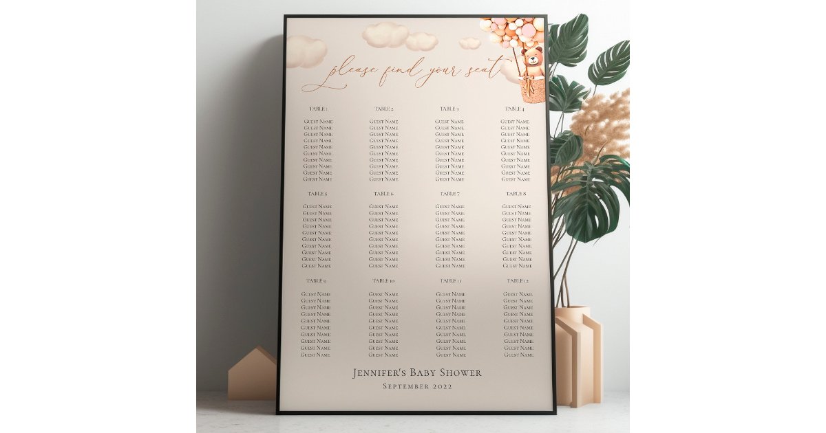 Pink Ballloons Bear Seating Chart Baby Shower Foam Board | Zazzle