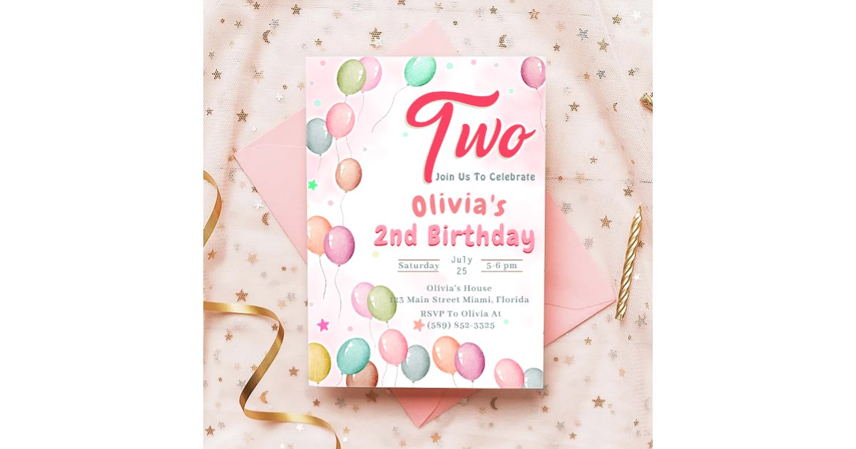 Pink Balloon 2nd Birthday Party Invitation | Zazzle