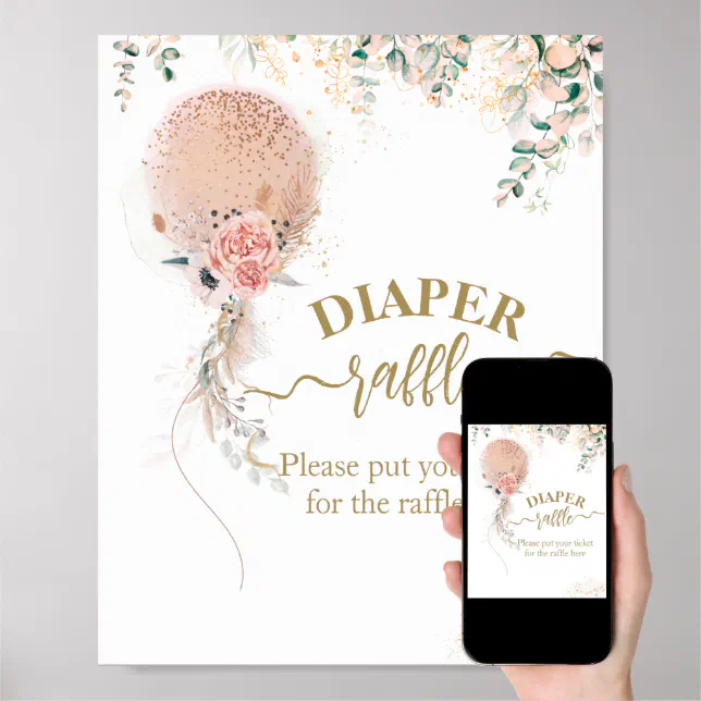 Pink Balloon Floral Eucalyptus Baby Shower diaper Poster | Zazzle