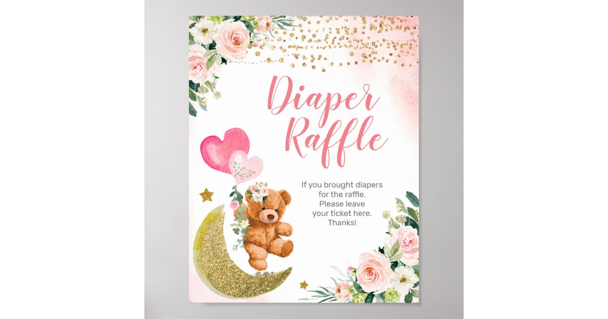 Pink Balloon Teddy Bear Diaper Raffle Sign | Zazzle