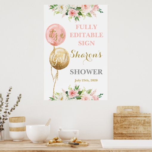 Pink balloons baby shower girl sign | Zazzle