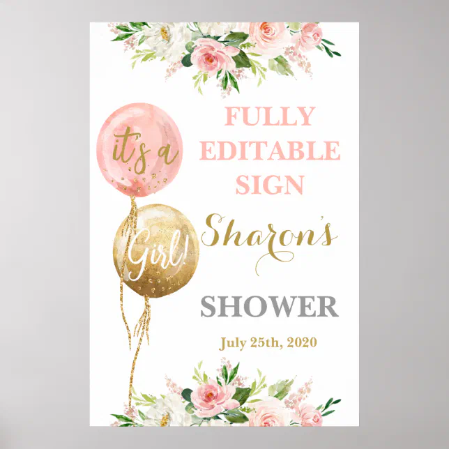 Pink balloons baby shower girl sign | Zazzle