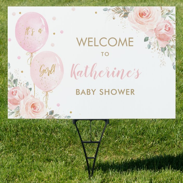 Pink Balloons Floral Girl Baby Shower Welcome Yard Sign | Zazzle.com