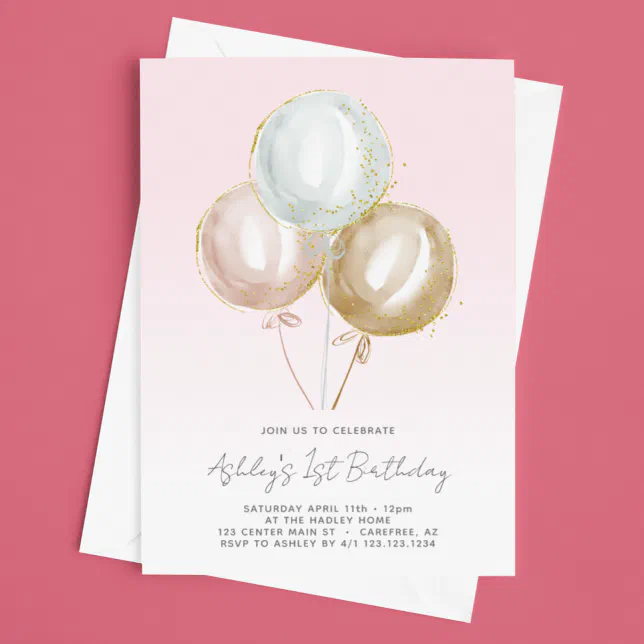 Pink Balloons Girls 1st Birthday Invitation | Zazzle