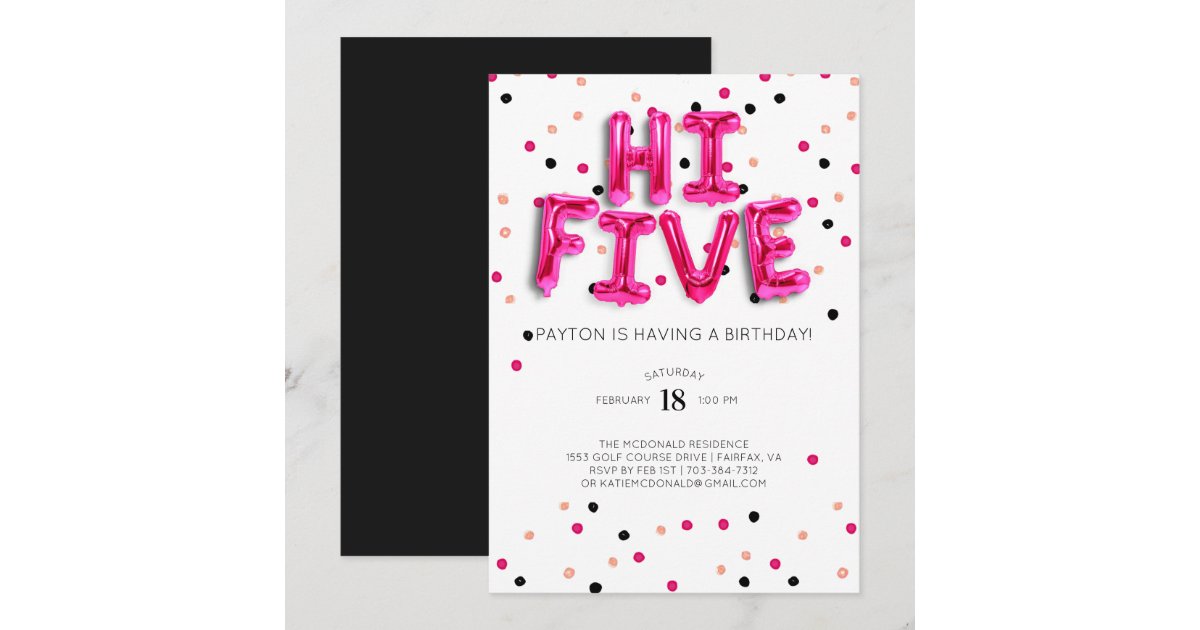 Pink Balloons | Hi Five 5th Birthday Invitation | Zazzle