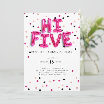 Pink Balloons | Hi Five 5th Birthday Invitation | Zazzle
