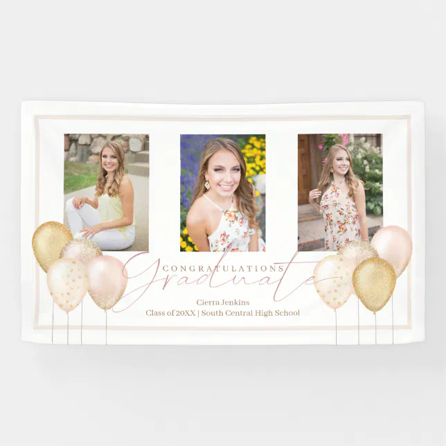 Pink Balloons Three Photos Calligraphy Graduation Banner | Zazzle