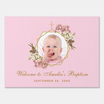 Pink Baptism Girl Photo Orchids Script Floral Gold Sign | Zazzle