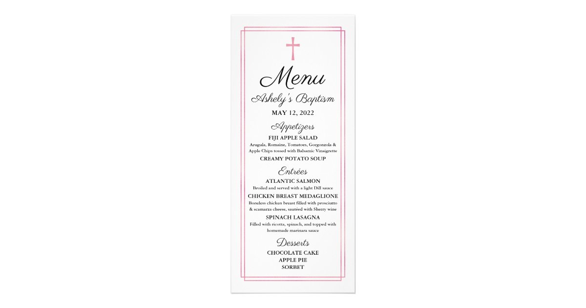 Pink Baptism Religious Menu Card | Zazzle