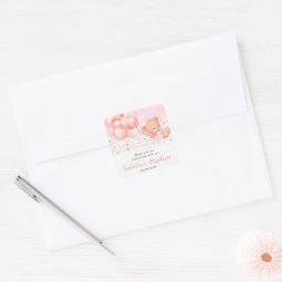 Pink Baptism Teddy Bear Thank You Baptism Favors Square Sticker | Zazzle