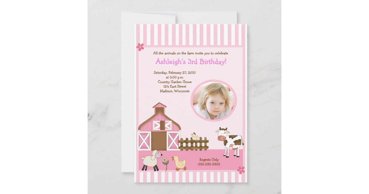Pink Barn Animal Farm PHOTO Birthday Invitations | Zazzle