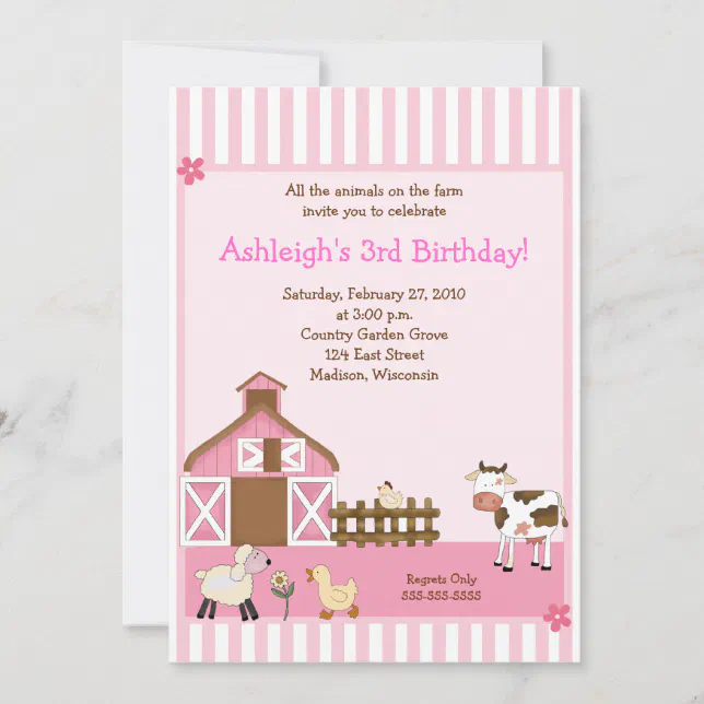 Pink Barn Animal Farm yard Birthday Invitations | Zazzle
