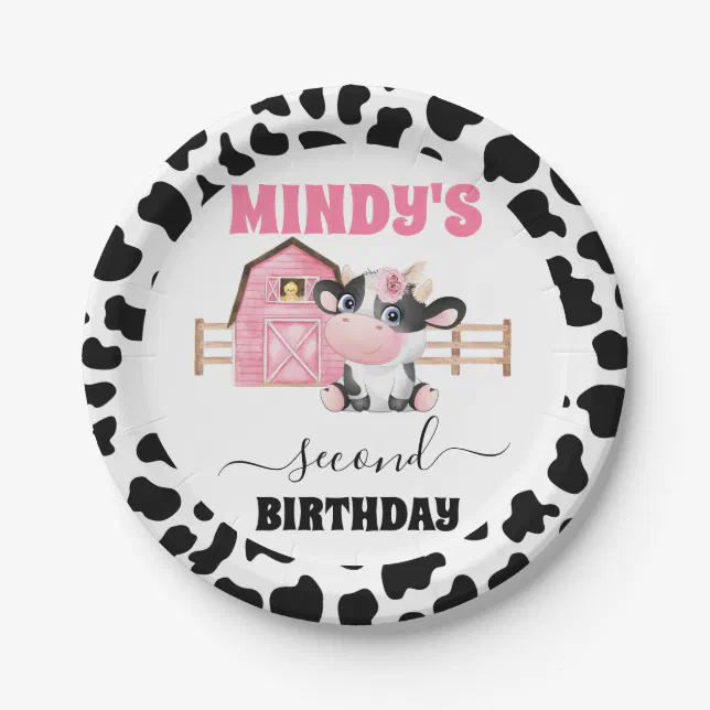 Pink Barn Cow Print 2nd Birthday Paper Plate | Zazzle