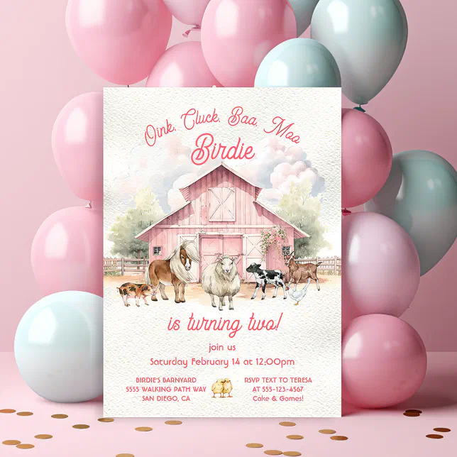 Pink Barn Farm Animals Birthday Party Invitation | Zazzle