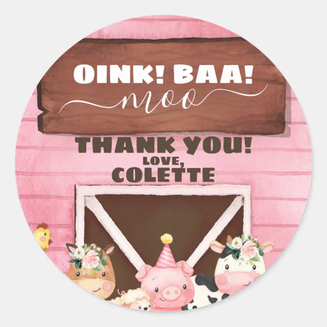 Pink Barn Oink Baa Moo Farm Animals Birthday Classic Round Sticker | Zazzle