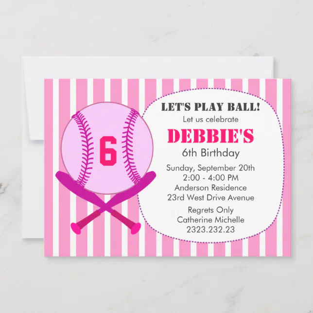 Pink Baseball Kid's Birthday Party for Girls Invitation | Zazzle