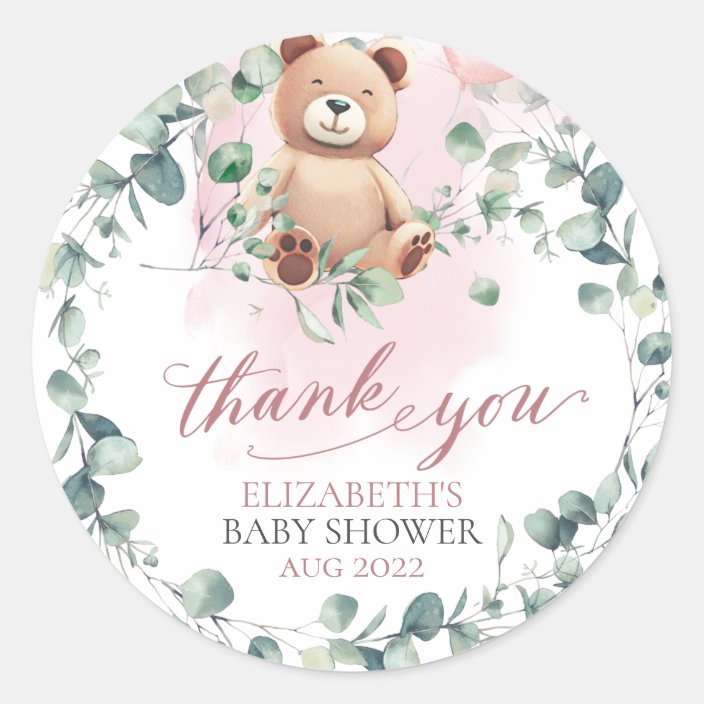 Pink Bear Baby Shower Classic Round Sticker | Zazzle