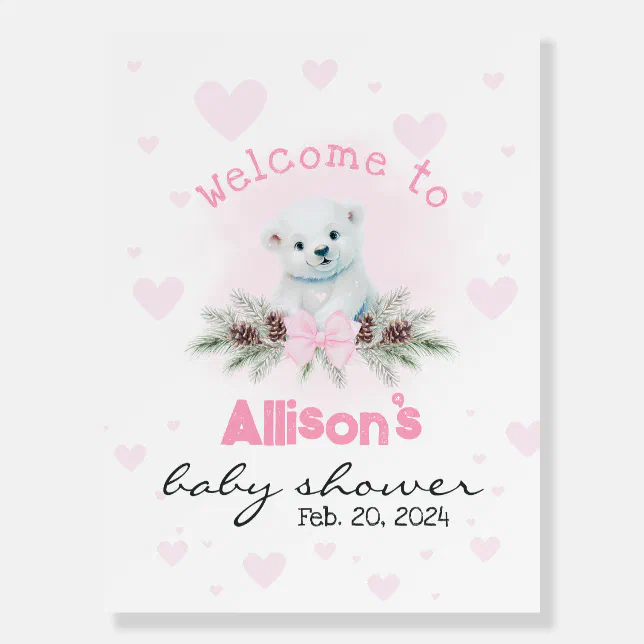 Pink Bear Cub Winter Baby Shower Welcome Sign | Zazzle