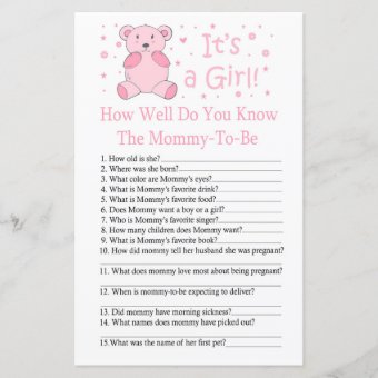 Pink bear How well do you know baby shower game | Zazzle