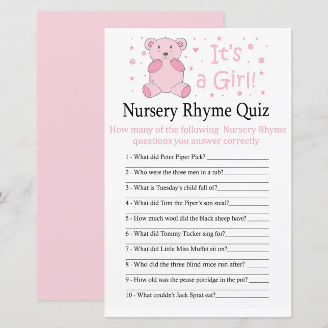 Pink bear Nursery Rhyme Quiz baby shower game | Zazzle