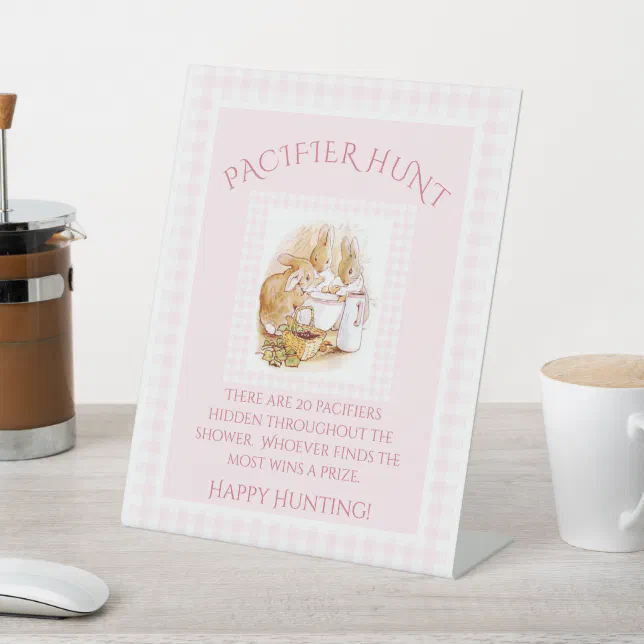 Pink Beatrix Potter Gingham Baby Shower Pedestal Sign | Zazzle