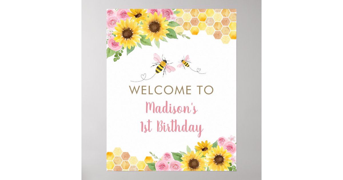 Pink Bee Sunflower Birthday Welcome Poster | Zazzle