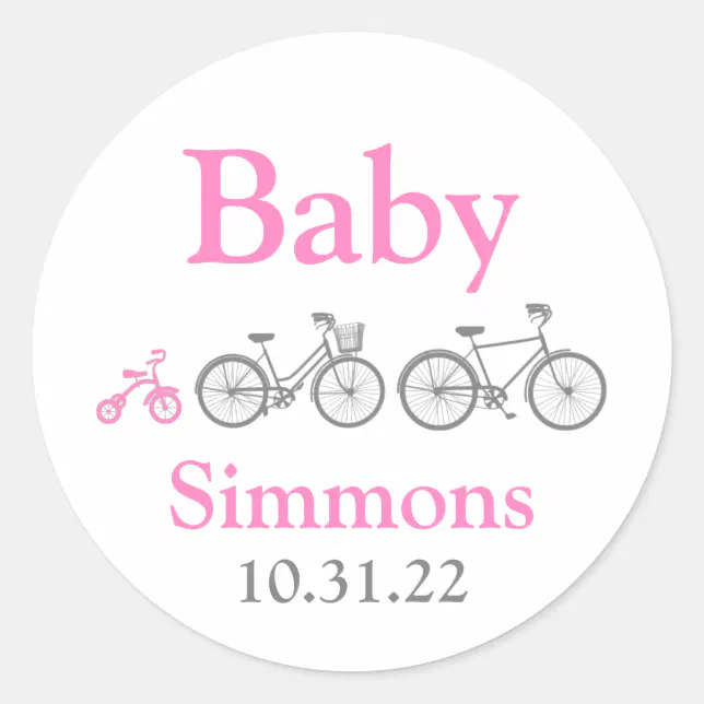 Pink Bicycle Baby Shower Classic Round Sticker | Zazzle