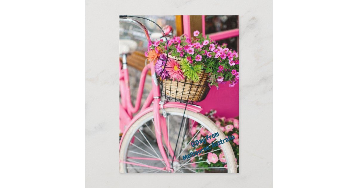 pink bike and flowers postcard | Zazzle