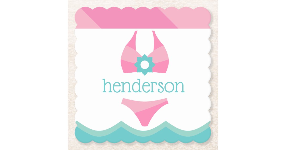 Pink Bikini Swimsuit Personalized Paper Coasters | Zazzle