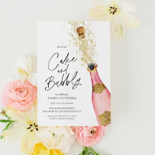 Pink Birthday Cake and Bubbly Champagne Invitation | Zazzle