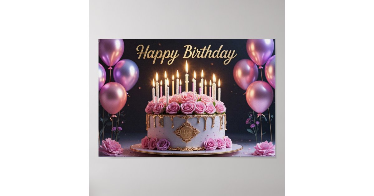 Pink birthday cake luxurious elegant extravagant poster | Zazzle