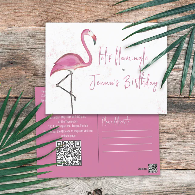 Pink Birthday Cute Flamingo Trendy QR Code Website Postcard | Zazzle