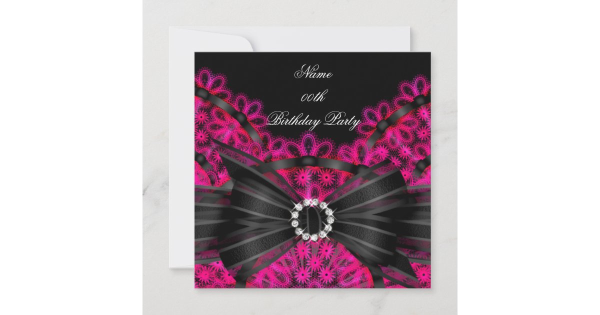 Pink Birthday Party Black Lace Diamond Invitation | Zazzle
