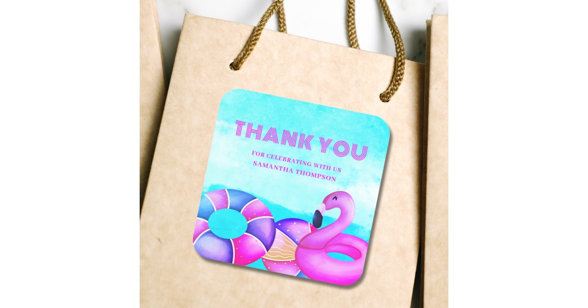 Pink Birthday Pool Party Thank You Square Sticker | Zazzle