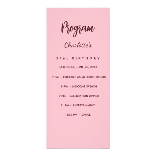 Pink birthday program dinner menu card | Zazzle
