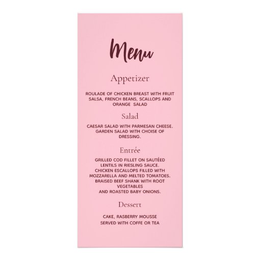 Pink birthday program dinner menu card | Zazzle