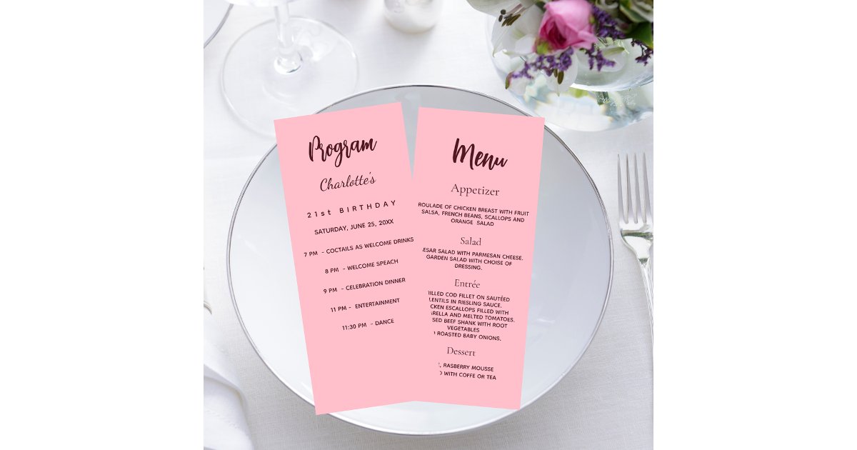 Pink birthday program dinner menu card | Zazzle