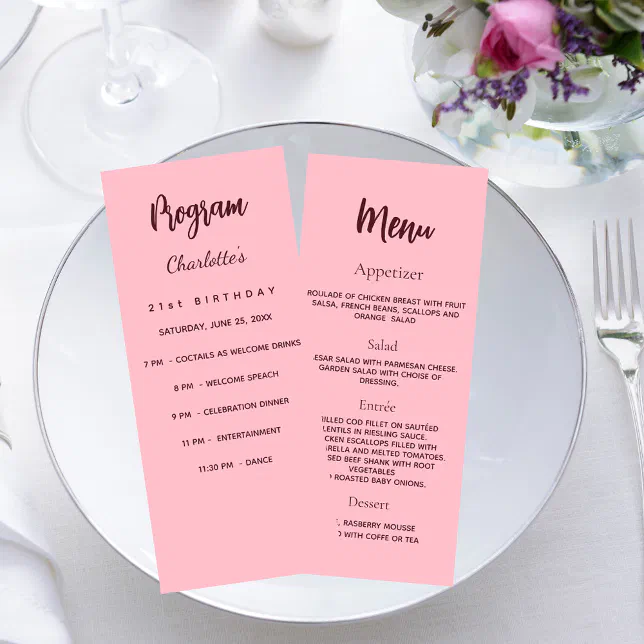 Pink birthday program dinner menu card | Zazzle