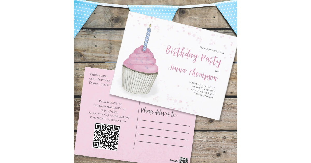 Pink Birthday Whimsical Cute Cupcake QR Code Postcard | Zazzle
