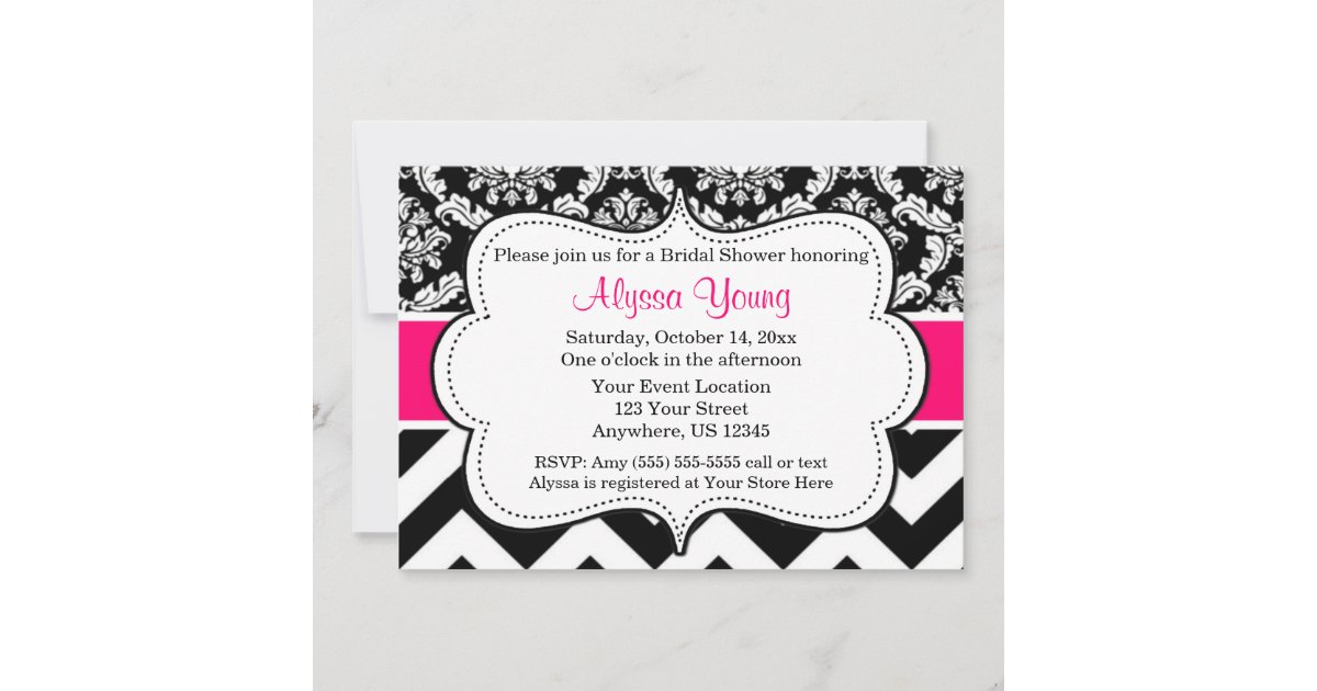 Pink Black Chevron Damask Invitation | Zazzle
