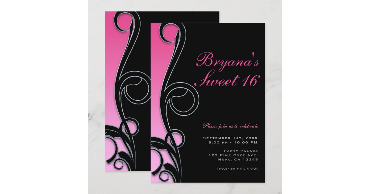 Pink & Black Chic Glam Swirl Sweet 16 Party Invitation | Zazzle
