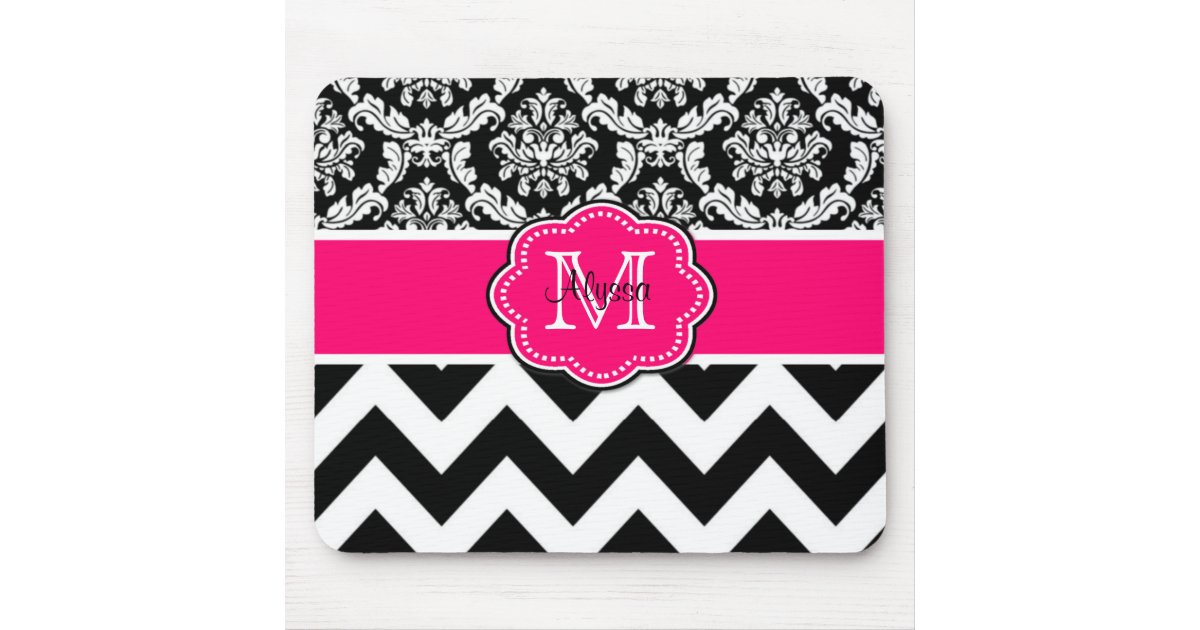 Pink Black Dots Damask Personalized Mousepad | Zazzle