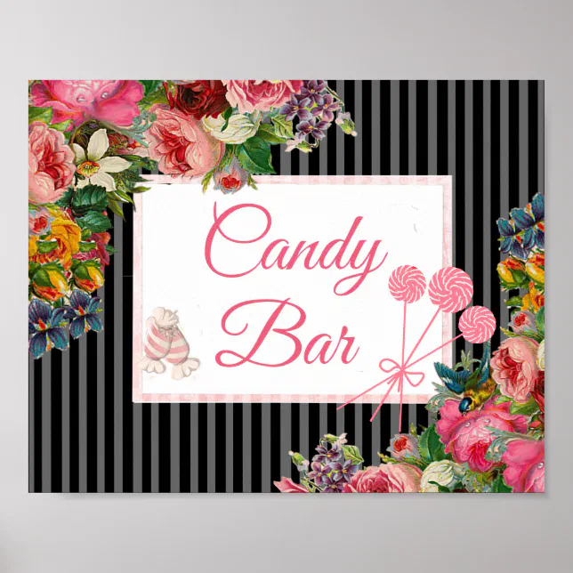 Pink & Black Floral Candy Bar Wedding Sign Poster | Zazzle