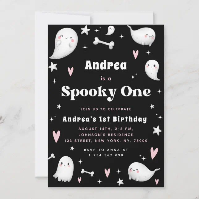 Pink & Black Ghost Spooky One 1st Birthday Party Invitation | Zazzle