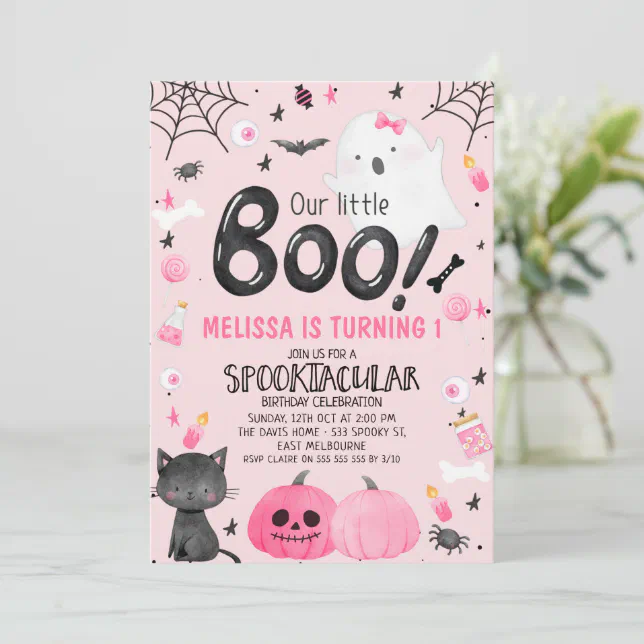 Pink Black Girl Our Little Boo Halloween Birthday Invitation | Zazzle